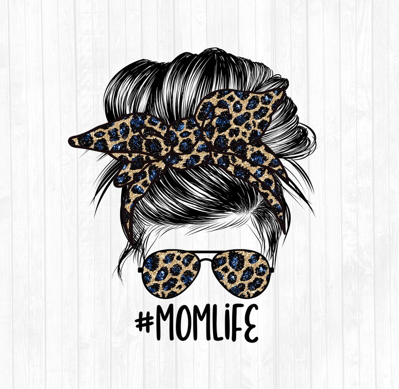 Navy Glitter Leopard Mom Life Messy Bun Hair Sublimation Design