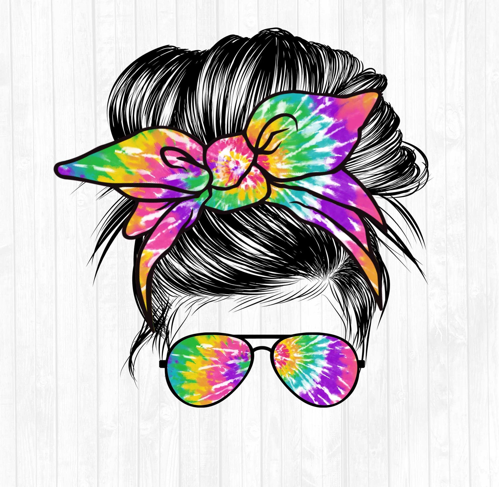 Rainbow Tie Dye Messy Bun Hair Sublimation Design - Sunglasses Hairband ...