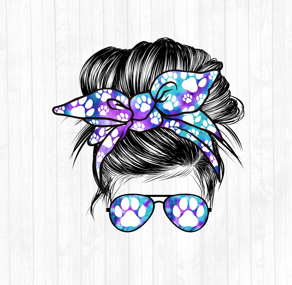 Purple Tie Dye Paw Prints Messy Bun Hair Sublimation Design ...