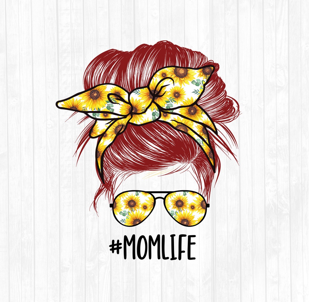 Red Hair Sunflowers Mom Life Messy Bun Hair Sublimation Design