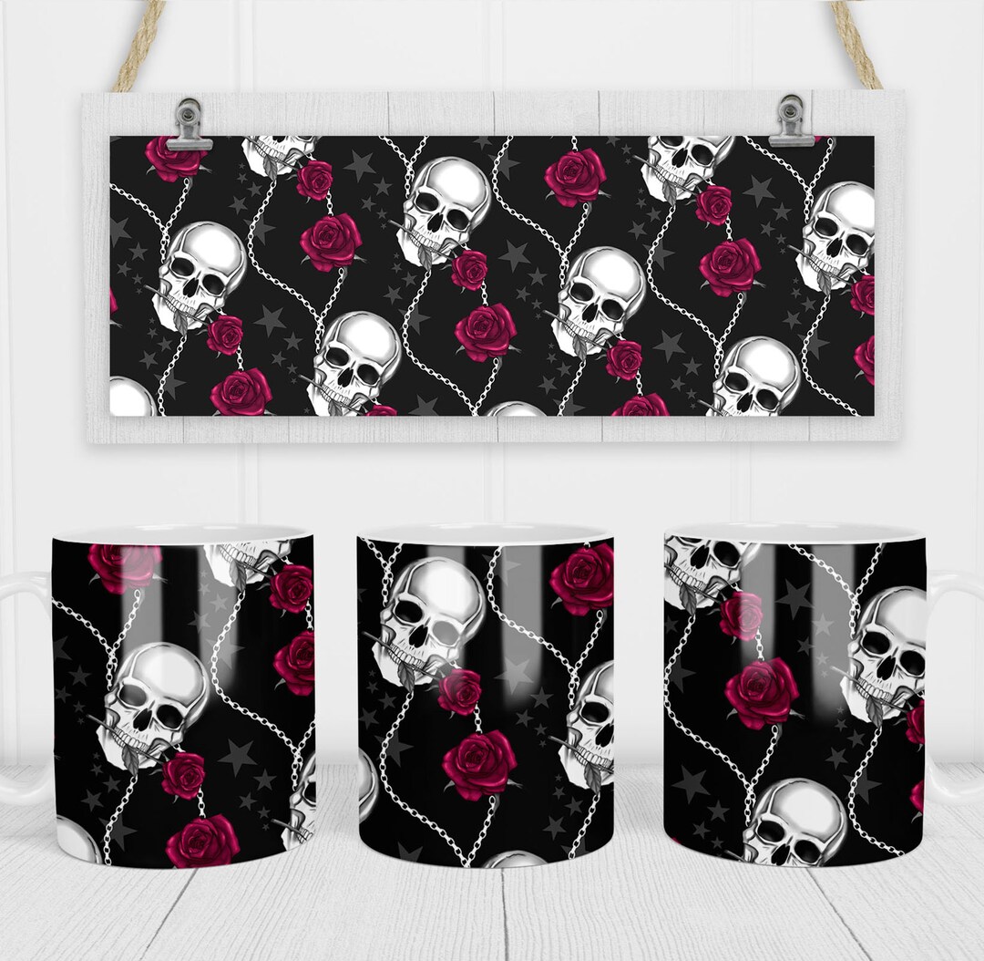 11 & 15 Oz Halloween Red Roses and Skulls Mug Sublimation Template ...