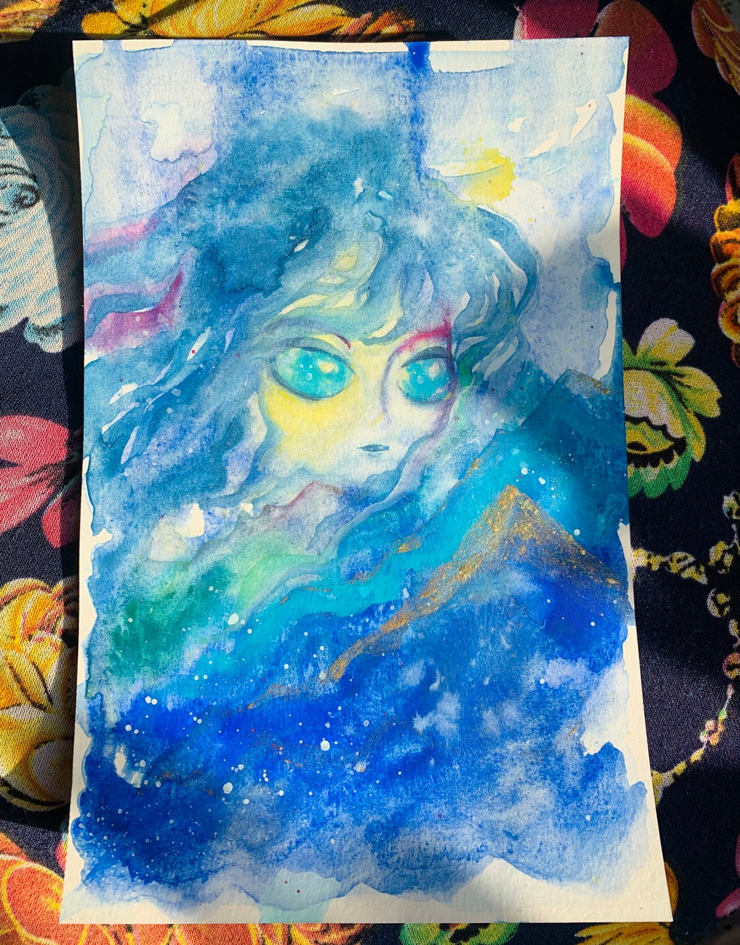 The Original Blue Interstellar Alien Girl Watercolor Painting - Etsy