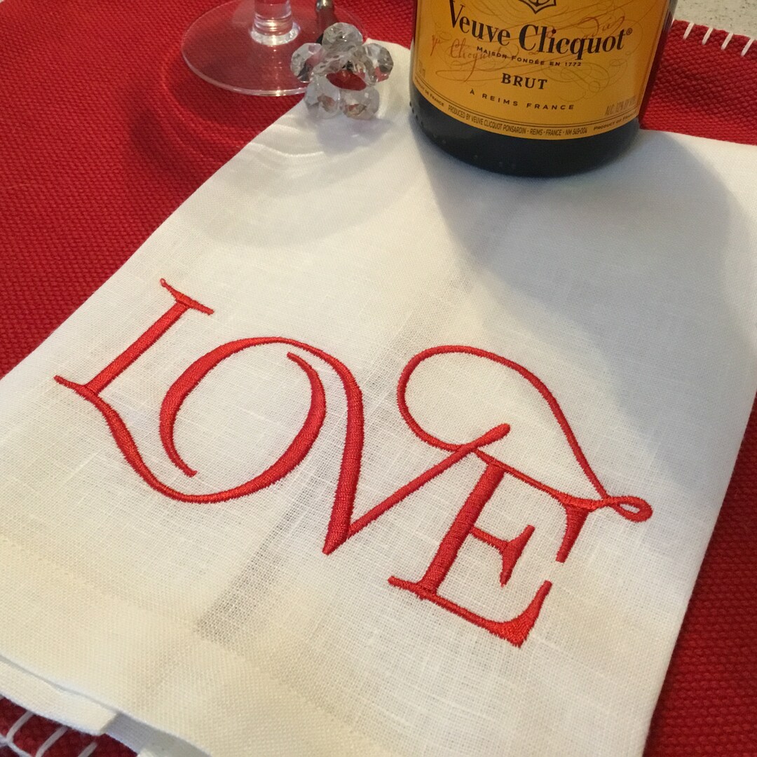 Embroidered Linen Towel | Valentines Love Decor, Hostess Gift - Etsy