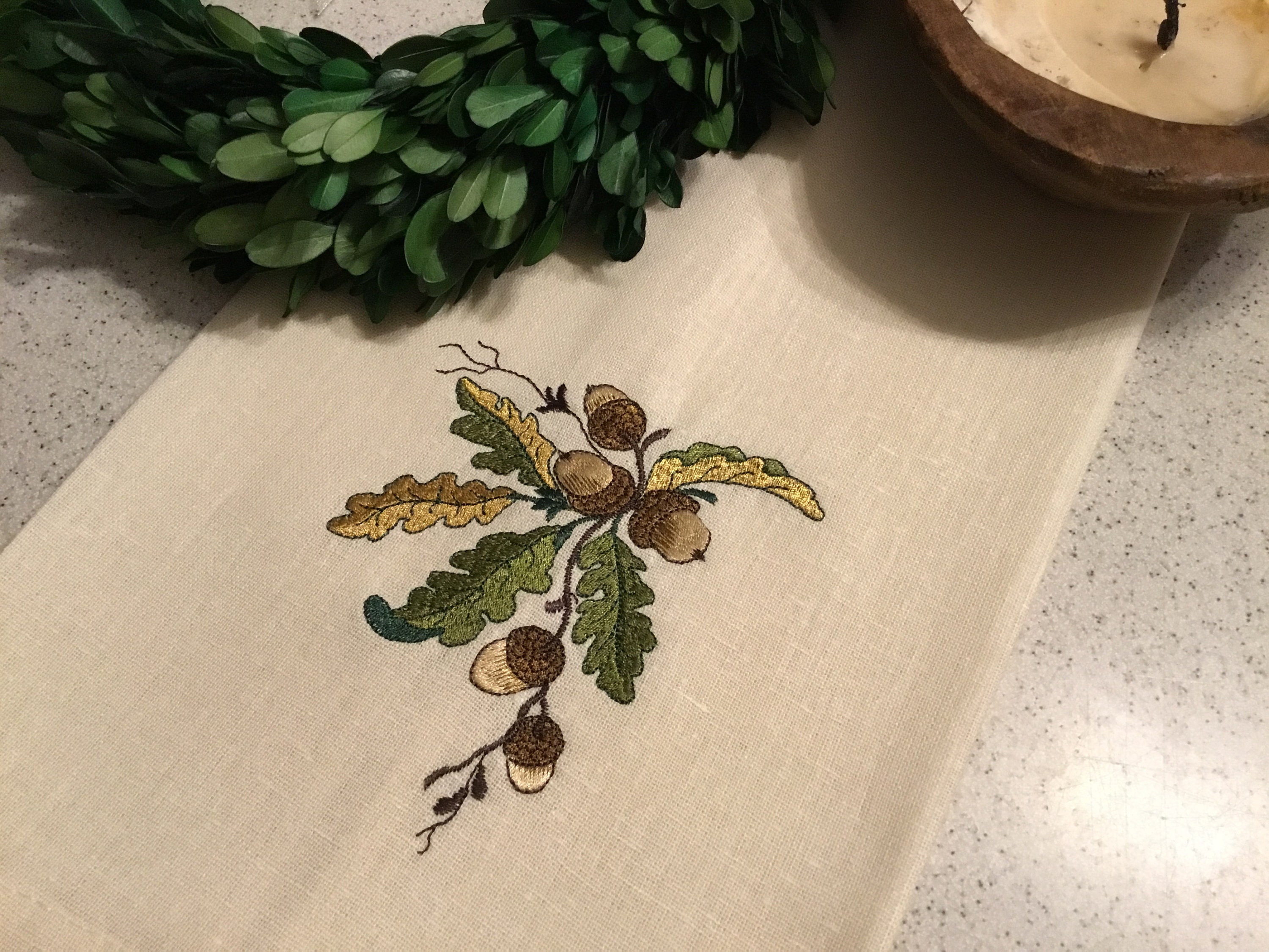 Embroidered Linen Oak Leaf Acorn Tea Towel Fall Autumn Oak Leaf Branch ...
