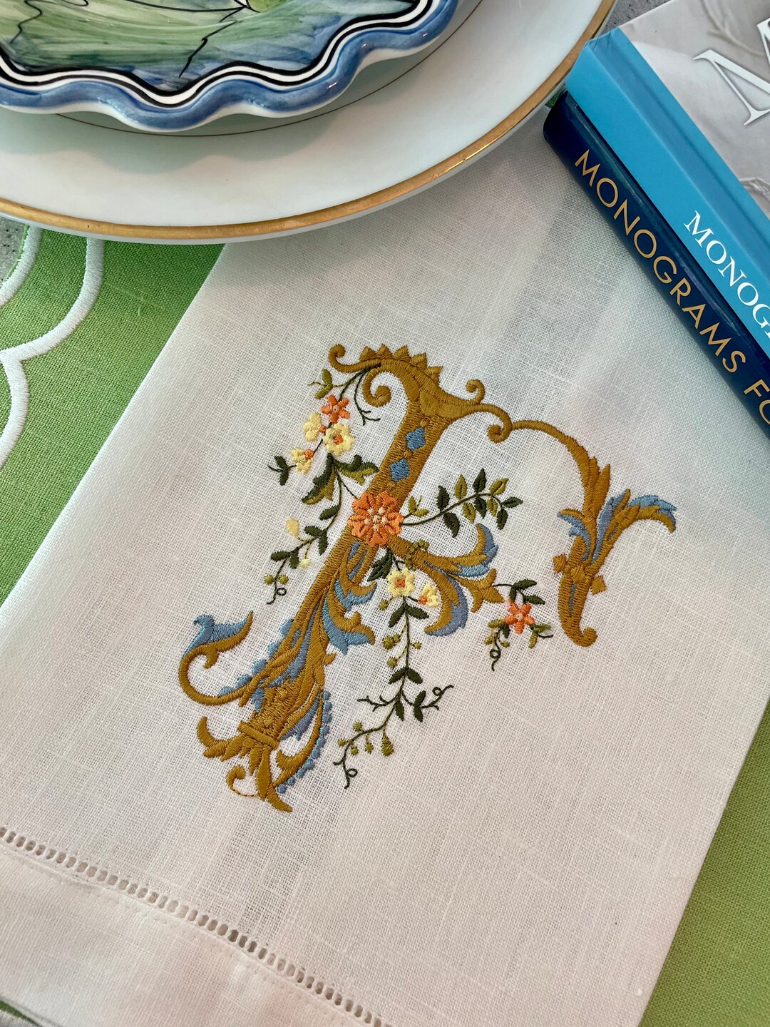 Monogrammed Tea Towel, Monogram Linen Towel, Floral Monogram Guest ...
