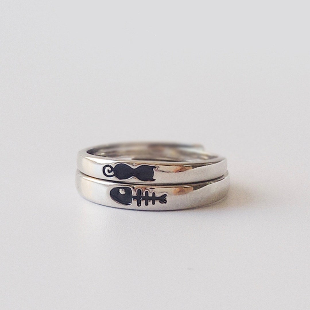 Cat and Fishbone Couple Rings 925 Sterling Silver Adjustable Rings ...