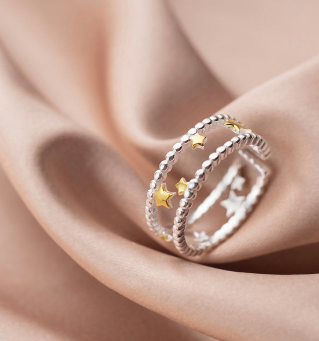 Double Layer Stars Ring Gold Stars Dots Chain Ring 925 - Etsy