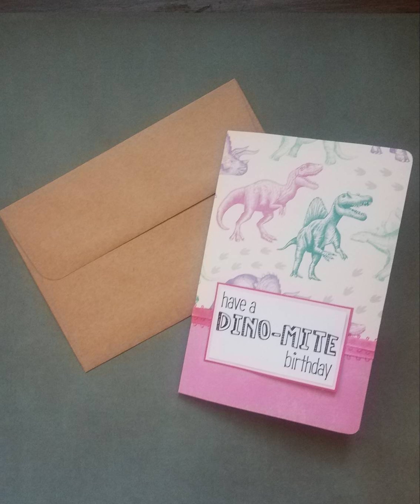 Have a DINO-MITE Birthday - Green or Pink Dinosaur Birthday Card - Etsy