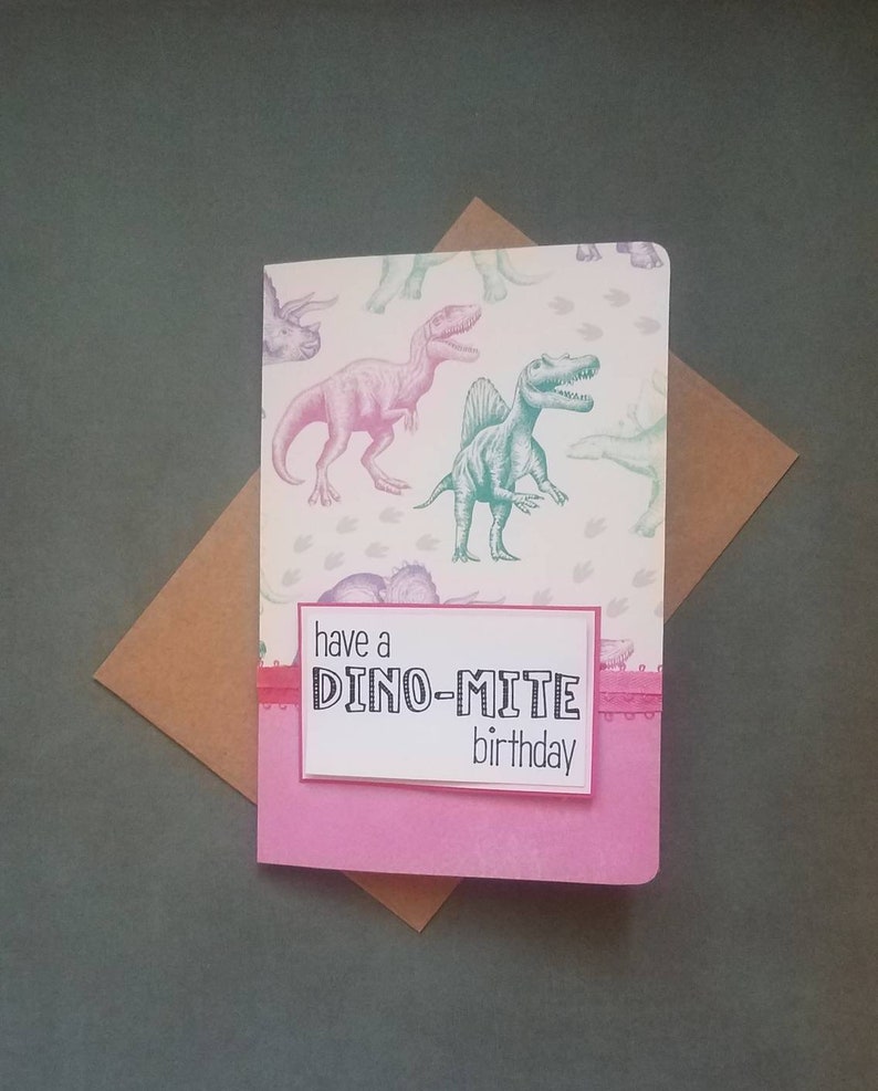 Have a DINO-MITE Birthday - Green or Pink Dinosaur Birthday Card - Etsy