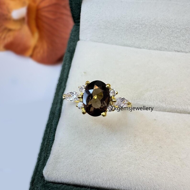 Smoky Quartz Ring: Oval Gem, Gold Plated 925 Sterling Silver - Etsy