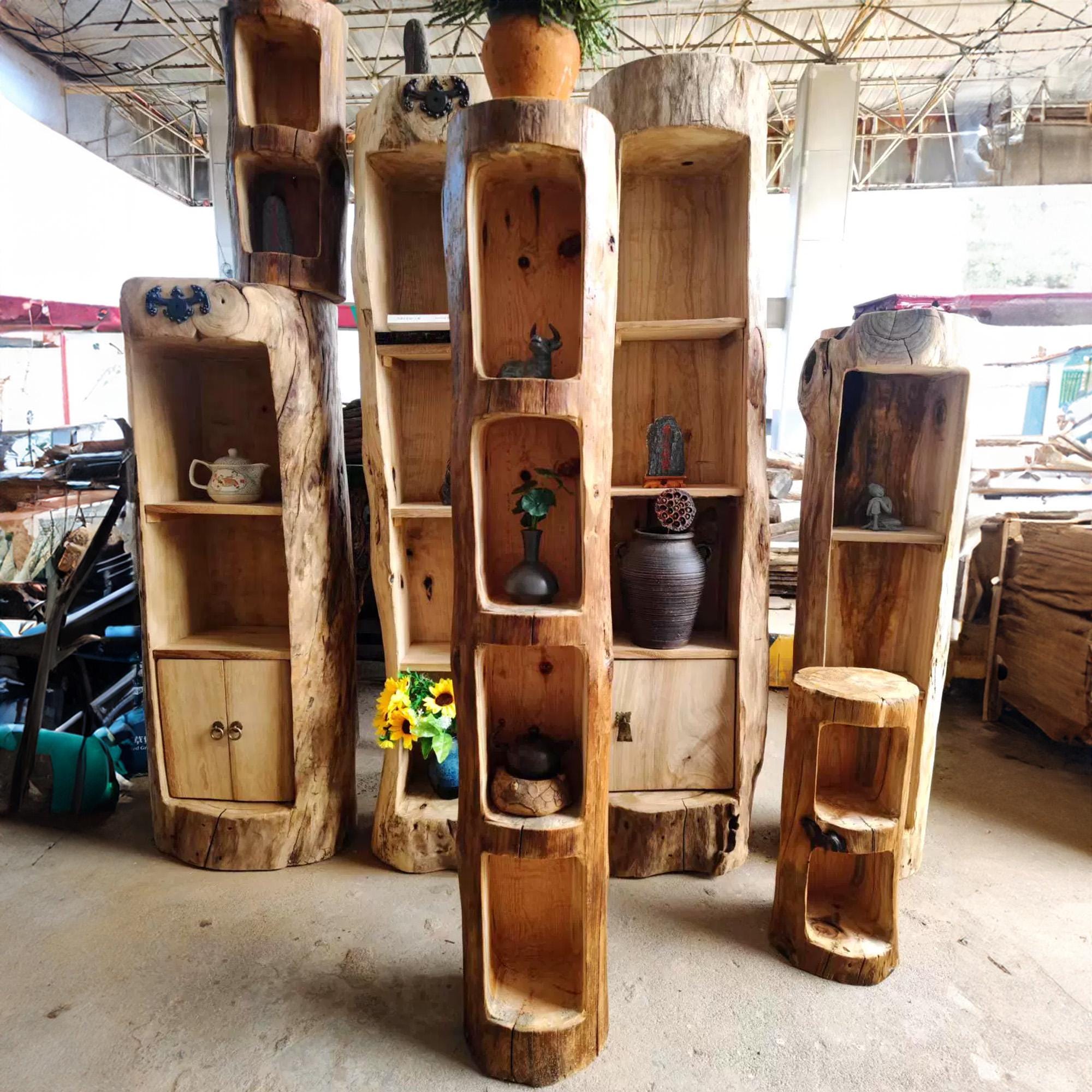 Solid Wood Bookcase Log Corner Shelves Bookcase Free Standing Rustic ...