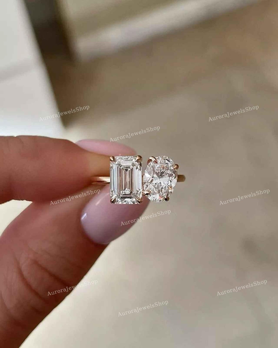 Toi Et Moi Ring Oval & Emerald Cut Lab Grown Diamond Engagement Ring 3. ...