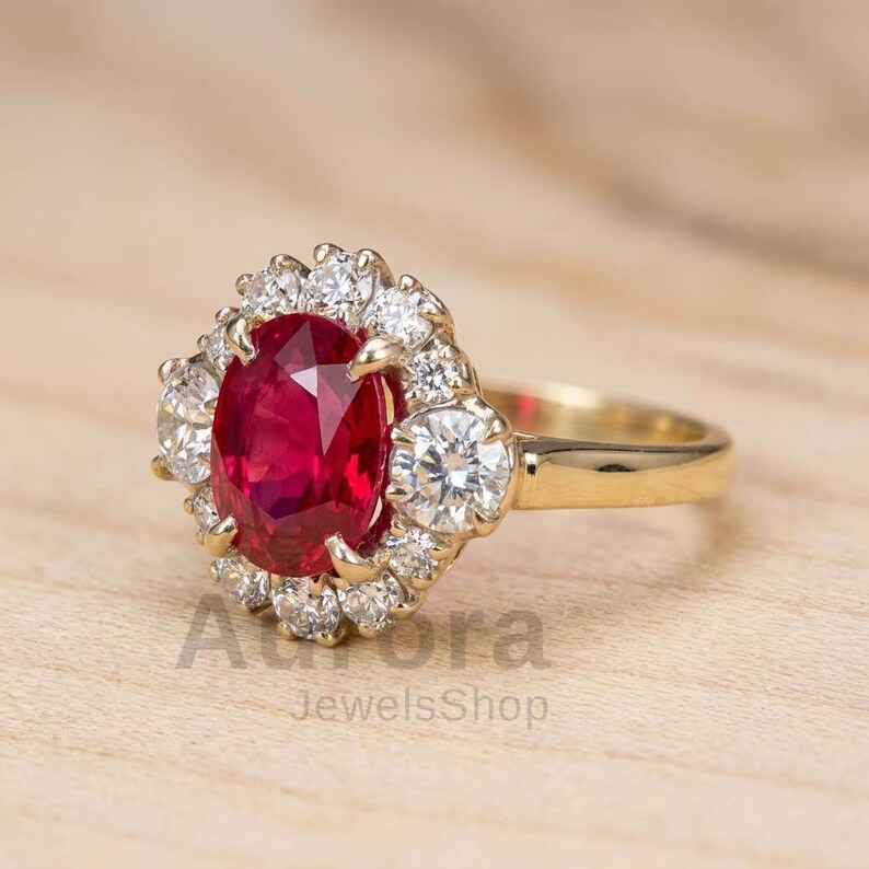 Oval Ruby Halo Ring, Vintage Moissanite Cluster Ring, Ruby Red ...