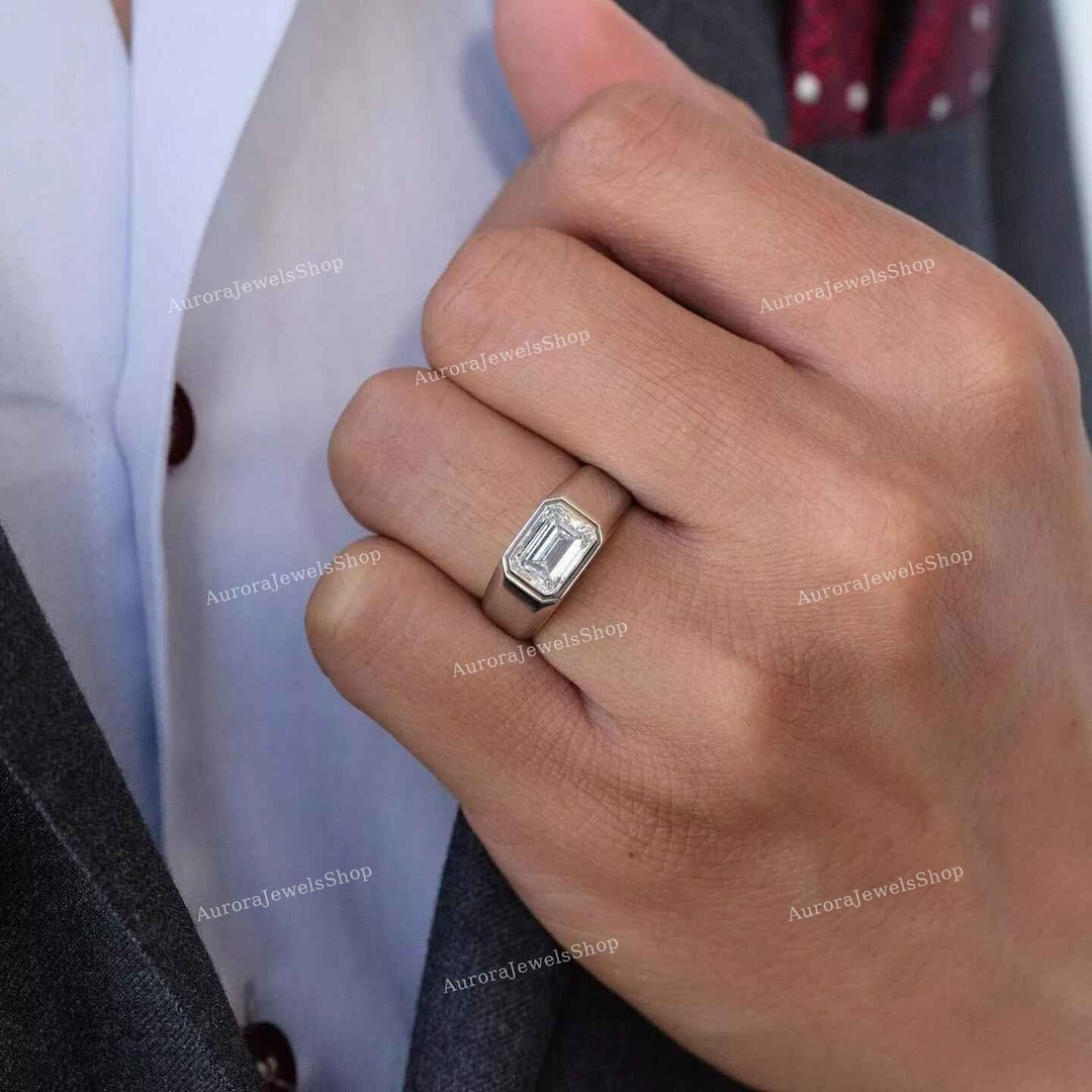 3 30ct Men S East West Wedding Ring Emerald Cut Bezel Set Lab Grown