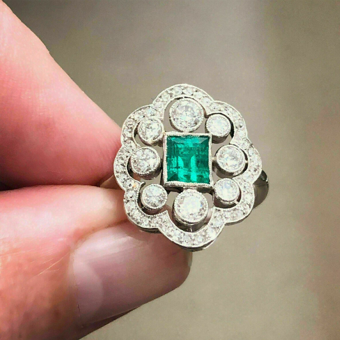 ART DECO Ring Antique Vintage Style 3 TCW Emerald and Round - Etsy