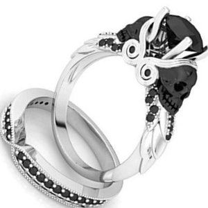 Silver Skull Ring, Gothic Skull Engagement Ring Set, Black Diamond Ring ...