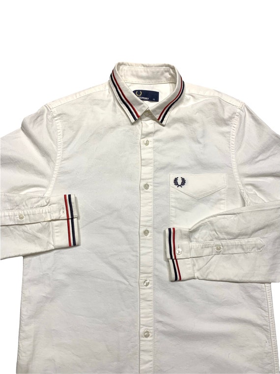 Fred Perry White Long Sleeve Red Blue Twin Tipped But… - Gem