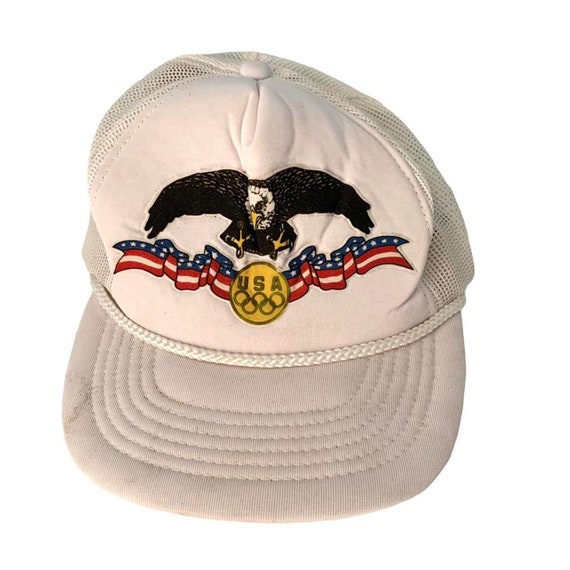 80s Vintage US Olympics Rare Eagle Trucker Rope Hat C… - Gem
