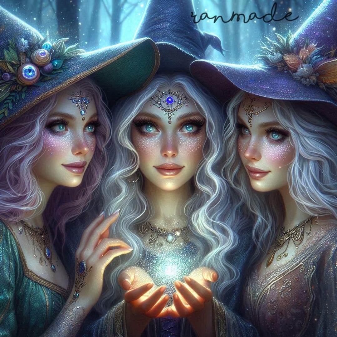 Three Witches in the Forest, Wiccan Raven , Black Cat Rituals Witchy ...
