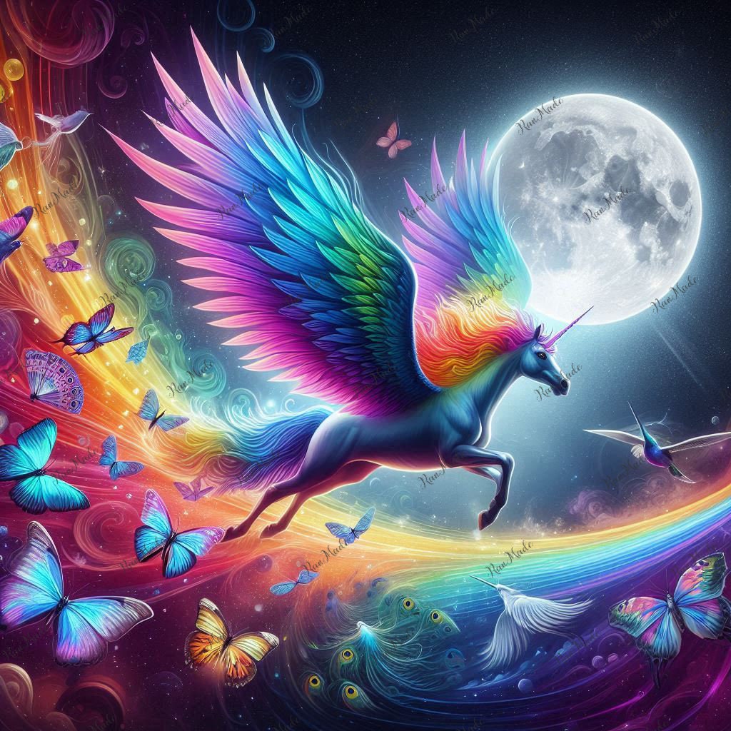 Pegasus Rainbow Flying Unicorn Clip Art Wall Art, Instant Download ...