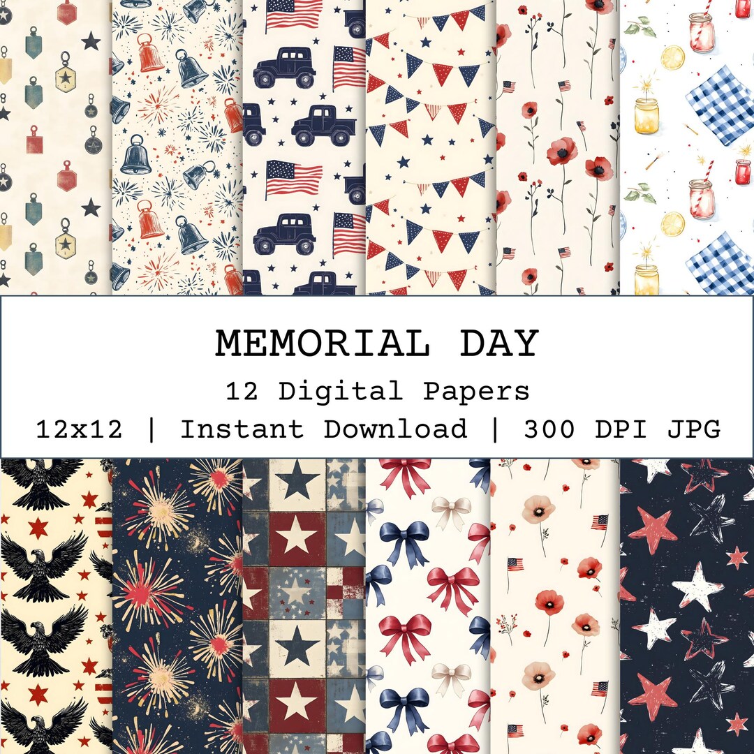 Memorial Day Seamless Pattern Bundle, Vintage Patriotic Digital Papers ...