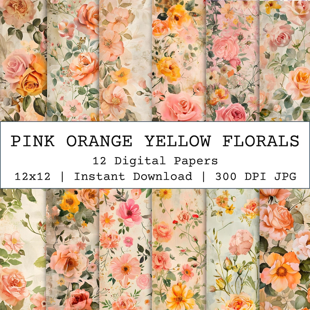 Floral Scrapbook Paper Orange Pink Yellow, Vintage Spring Printable ...