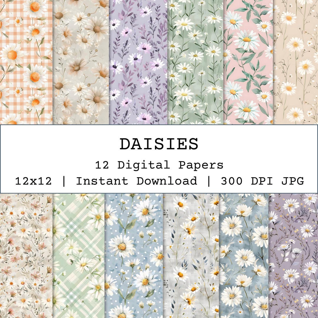 Daisies Floral Seamless Pattern Bundle, Watercolor Daisy Flowers ...