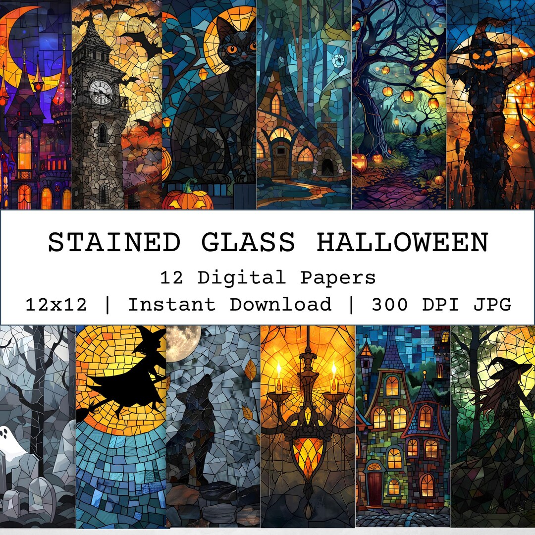 Stained Glass Halloween Digital Paper, Halloween Backgrounds, Spooky ...