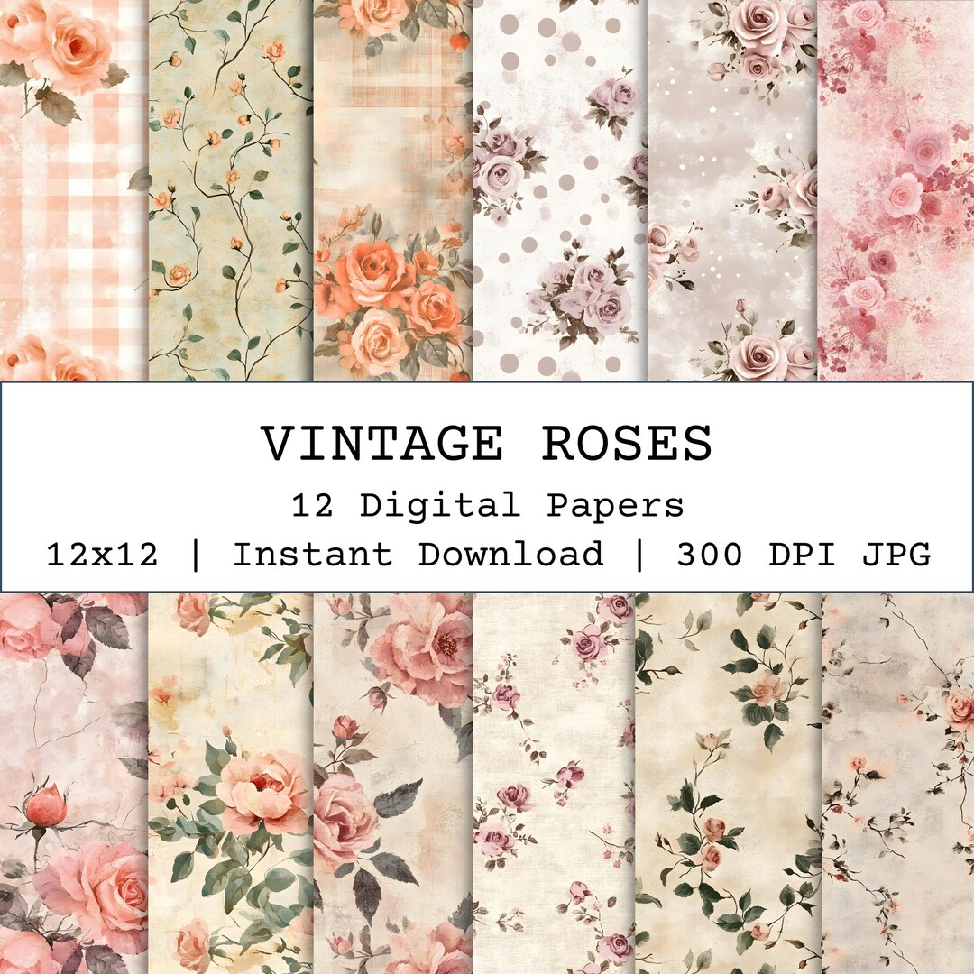 Grungy Vintage Rose Digital Paper, Seamless Roses Pattern ...