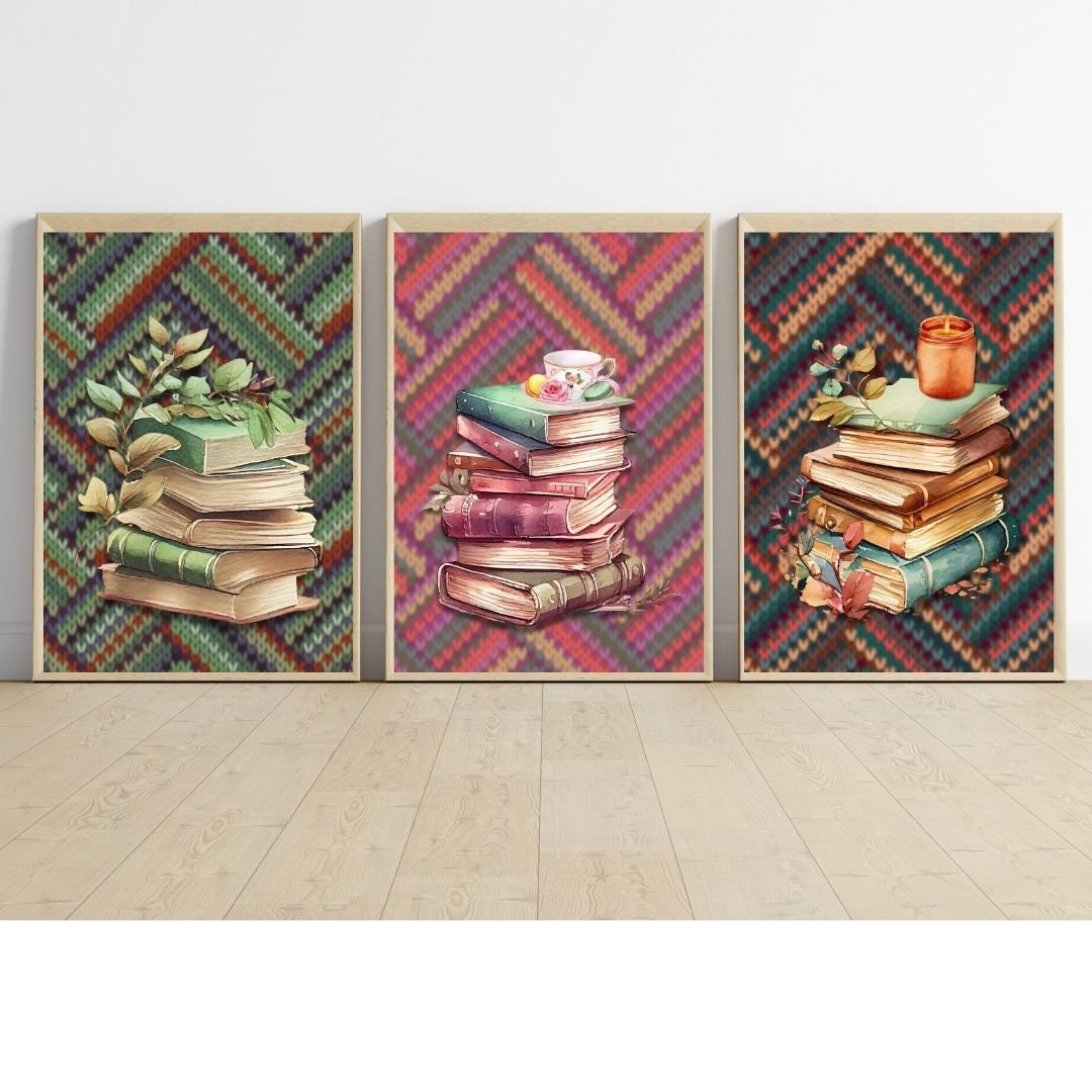 Printable Art, Cozy Books Wall Art Posters, 3 Cottagecore Library ...