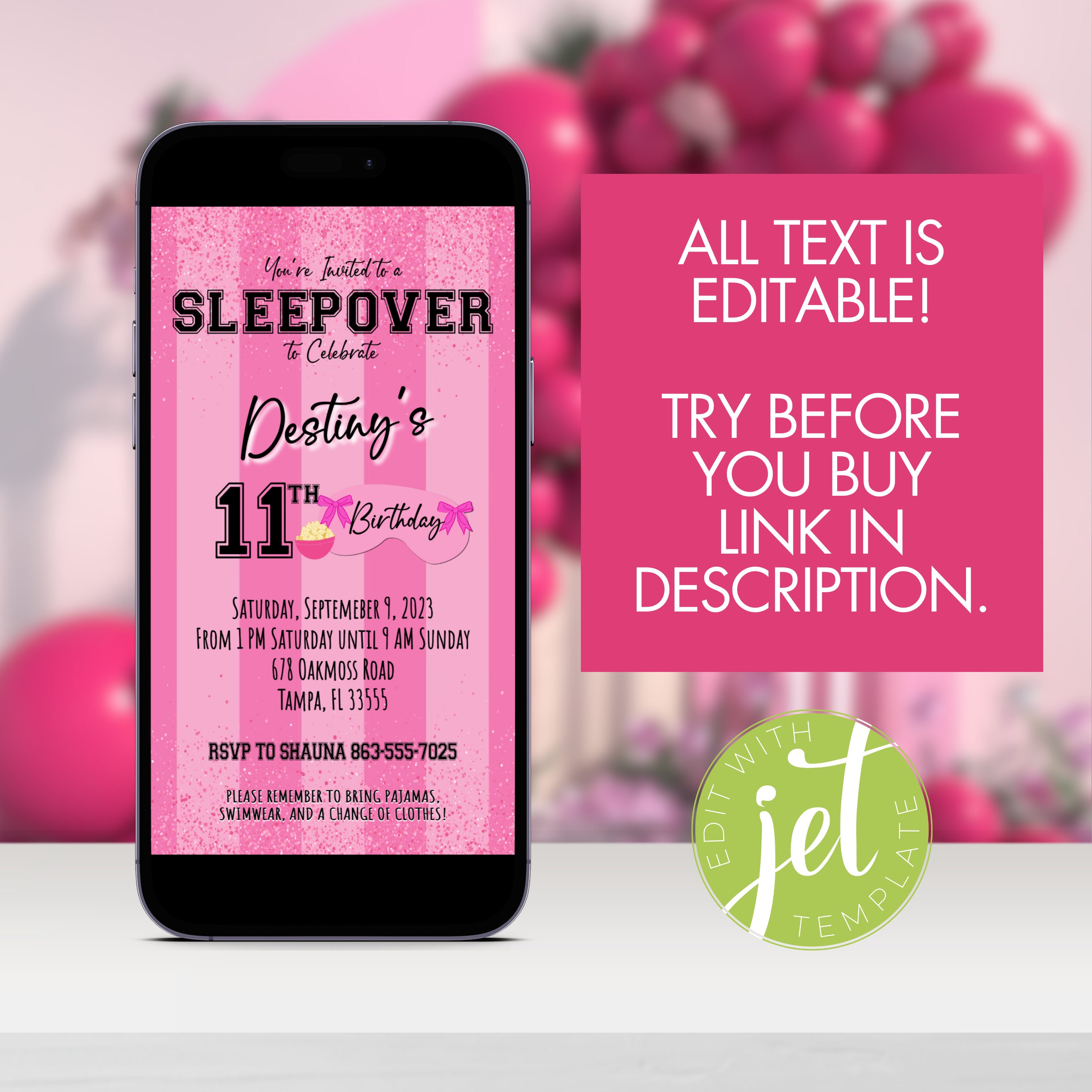 Pink Sleepover Invitation Pink Slumber Party Invitation Girl Party Teen ...