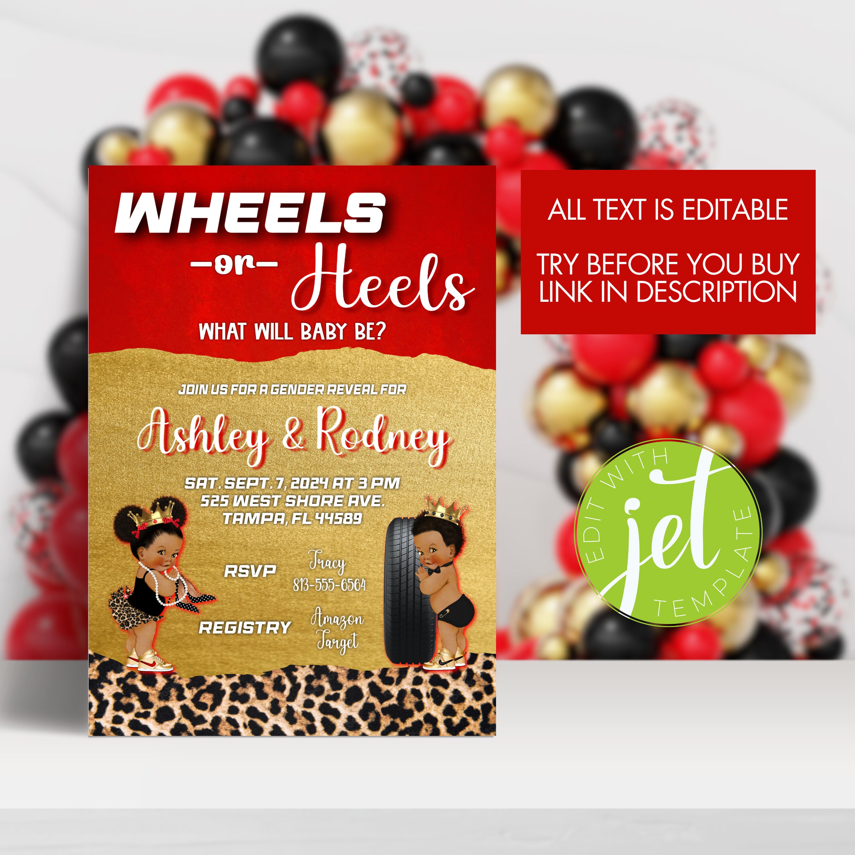 Wheels or Heels Red and Black Leopard Print Gender Reveal Paper ...