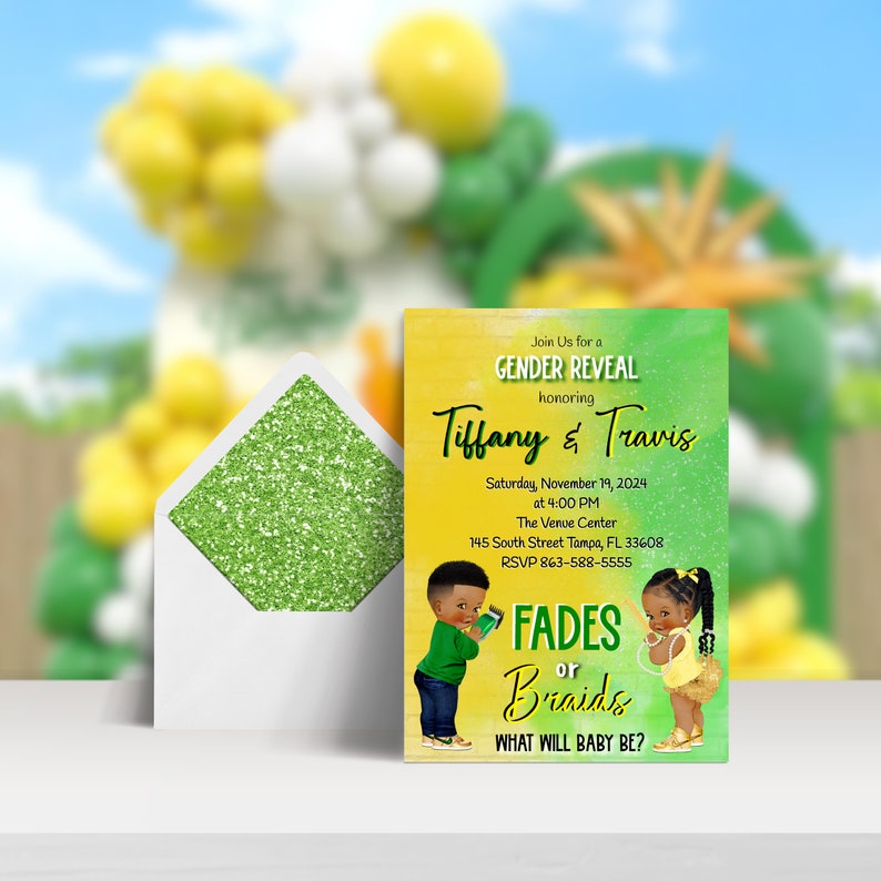 Fades or Braids Gender Reveal Paper Invitation| Fades or Braids Yellow ...