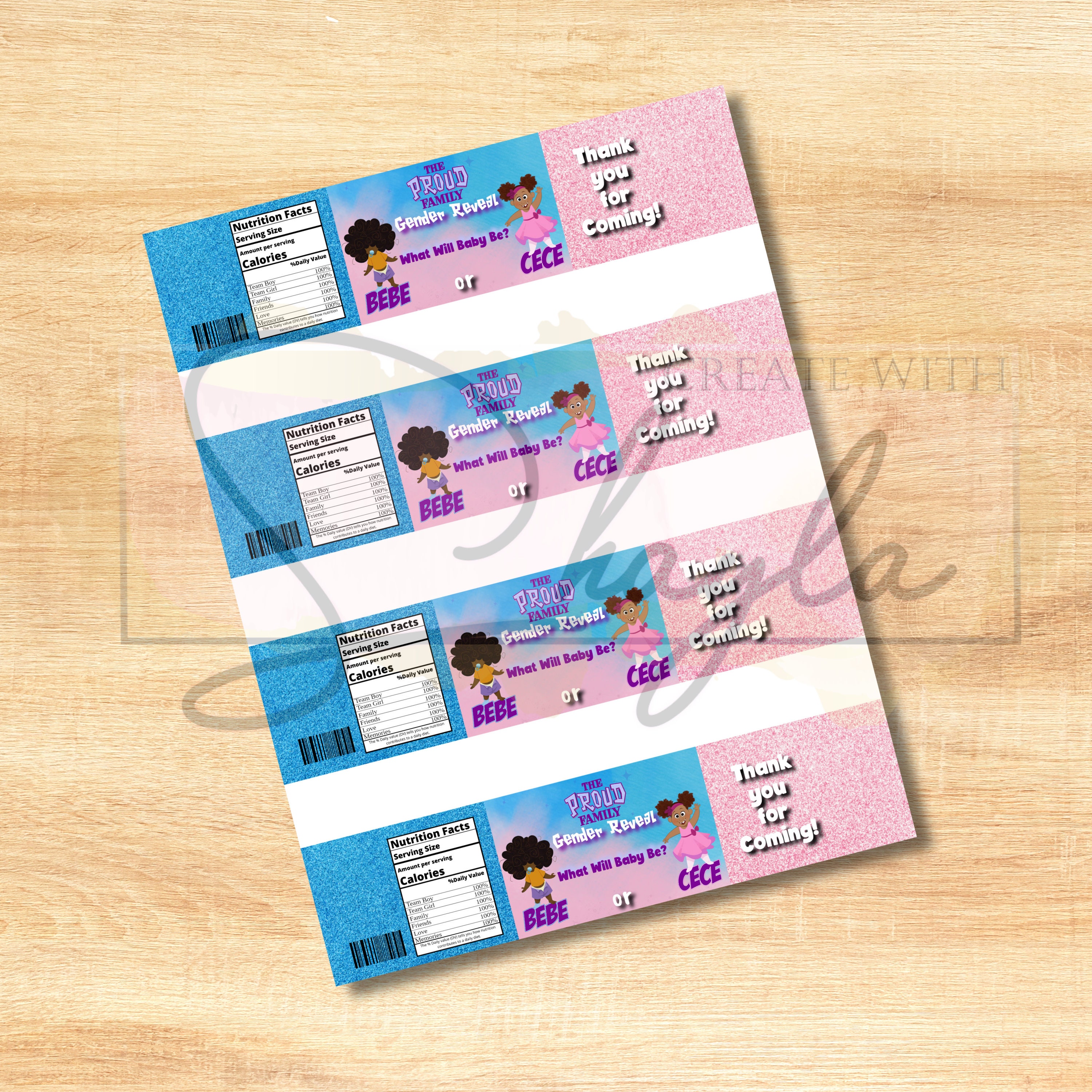 Proud Family Bebe Cece Gender Reveal Water Bottle Labels Proud Family ...