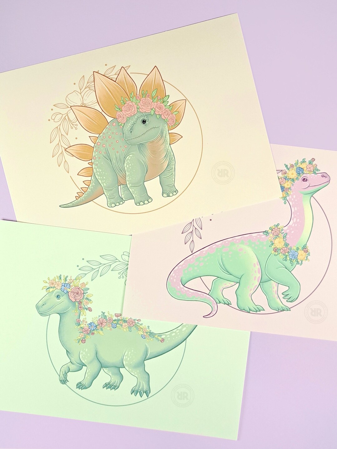 Floral Dinosaur Art Print | Pastel Spring Decor (5x7) - Etsy