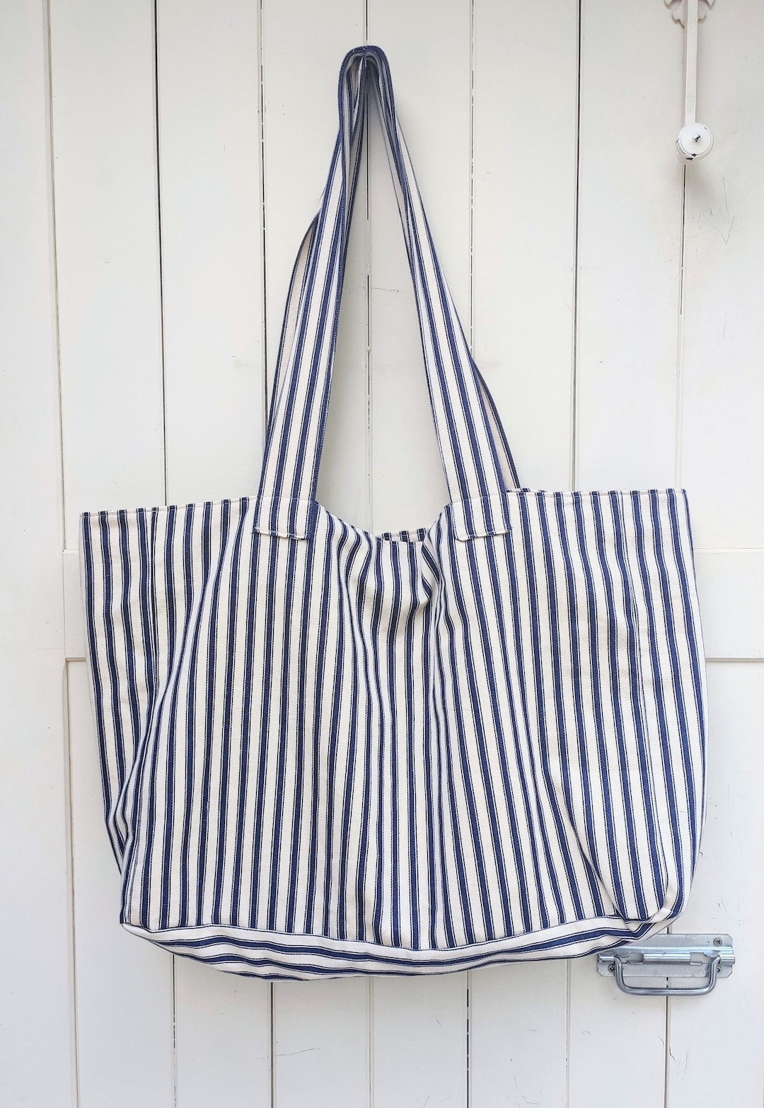 Blue Ticking Stripe Tote Bag: Handmade Cotton Beach Market Carryall - Etsy