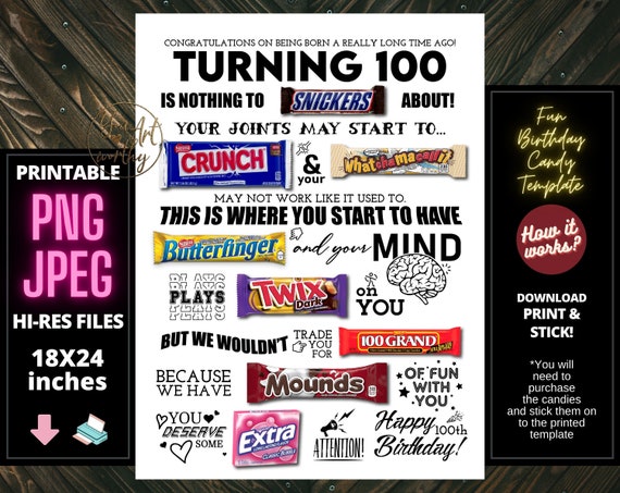 100th Birthday PRINTABLE Candy Poster Birthday Candy Sign | Etsy