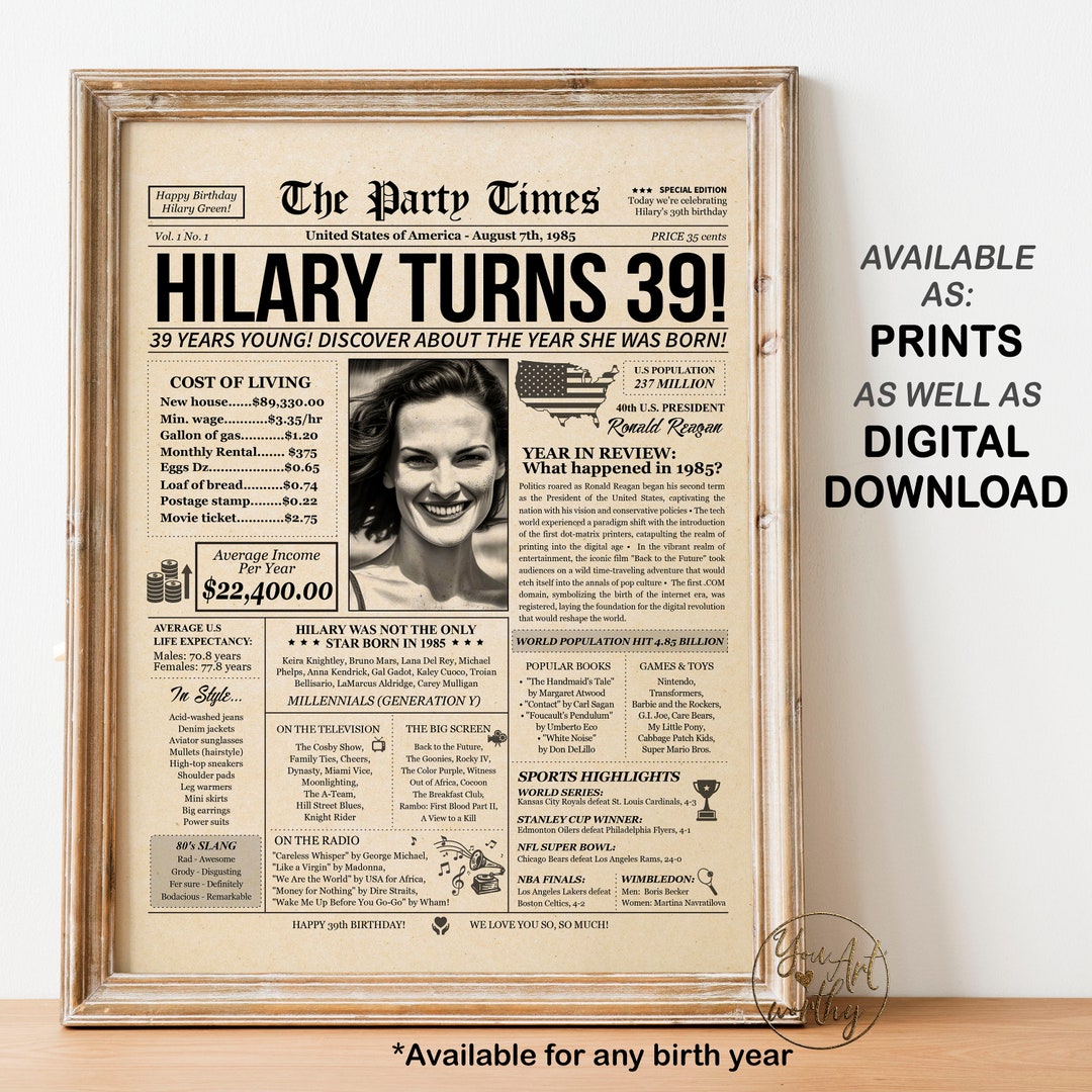 39th Birthday Gift for Her or Him 39 Years Back in 1985 Personalized ...