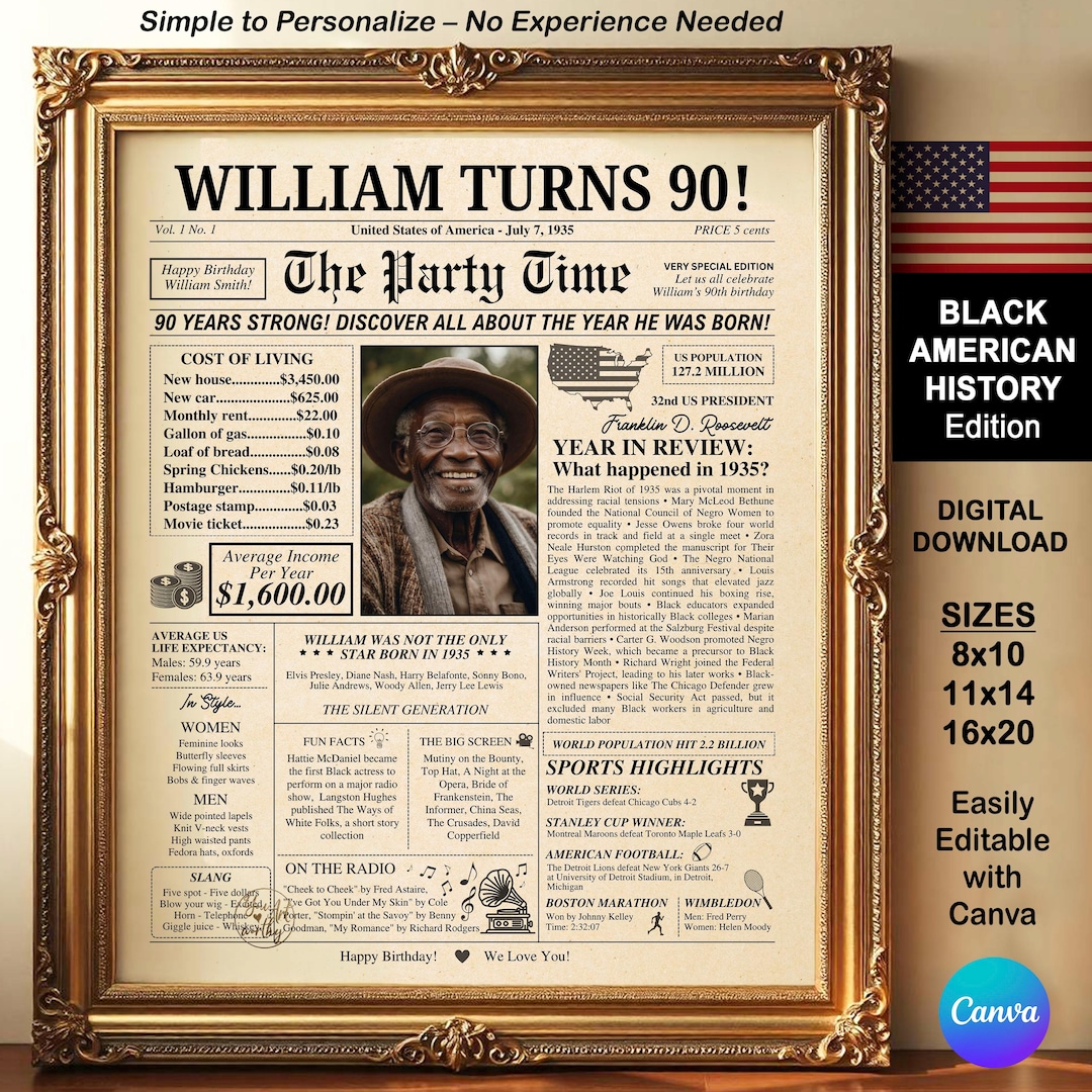 African American History Edition Customizable 90th Birthday Newspaper ...