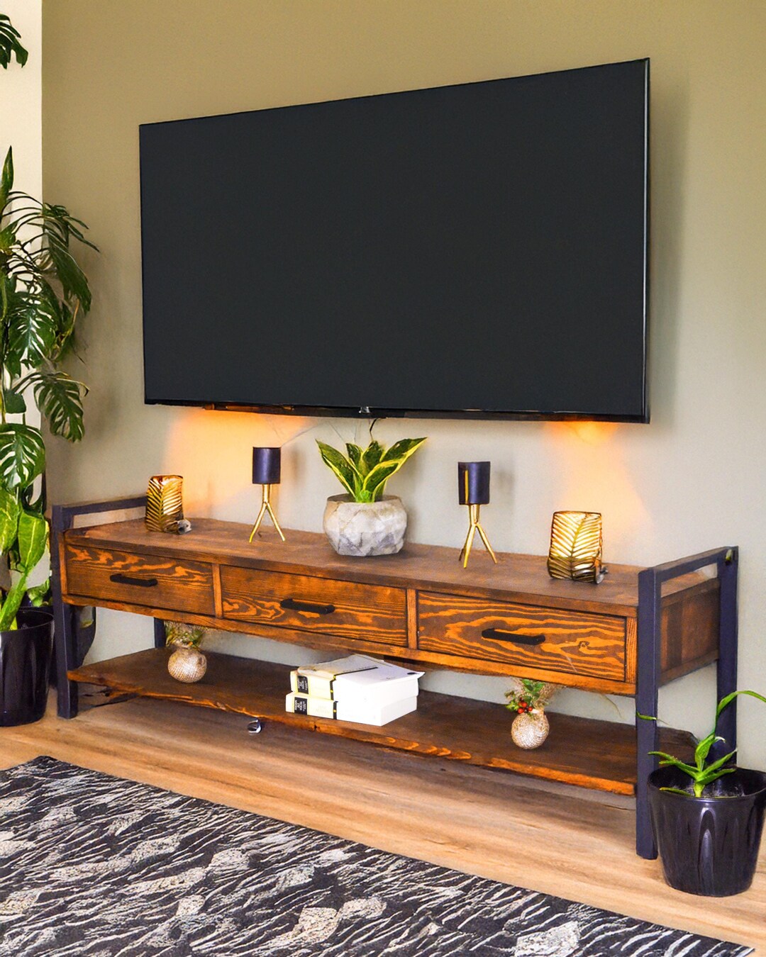 Wood and Metal Tv Stand With Drawers, Rustic Tv Unit With Shelf, Wooden ...