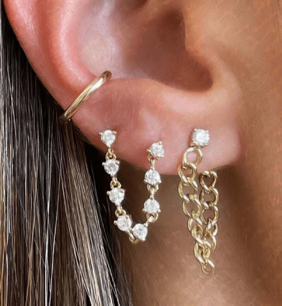 Diamond Wrap Chain Drop Connecting Earring, Solid 14k Gold Two Piercing ...