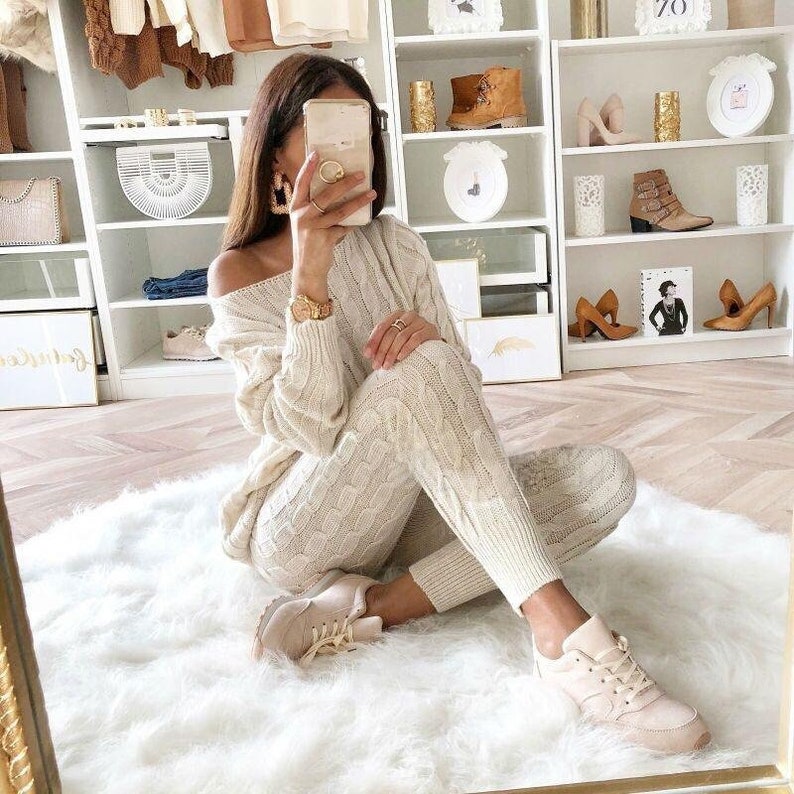 2 Piece Long Sleeve & Pant Set Cable Knit Loungeset Matching | Etsy