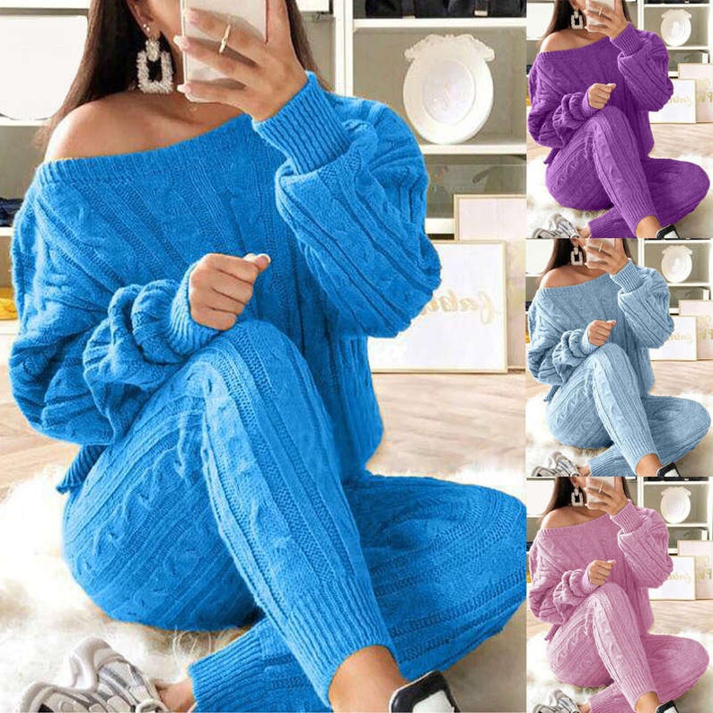 2 Piece Long Sleeve & Pant Set, Cable Knit Loungeset, Matching ...