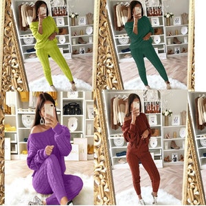 2 Piece Long Sleeve & Pant Set, Cable Knit Loungeset, Matching ...