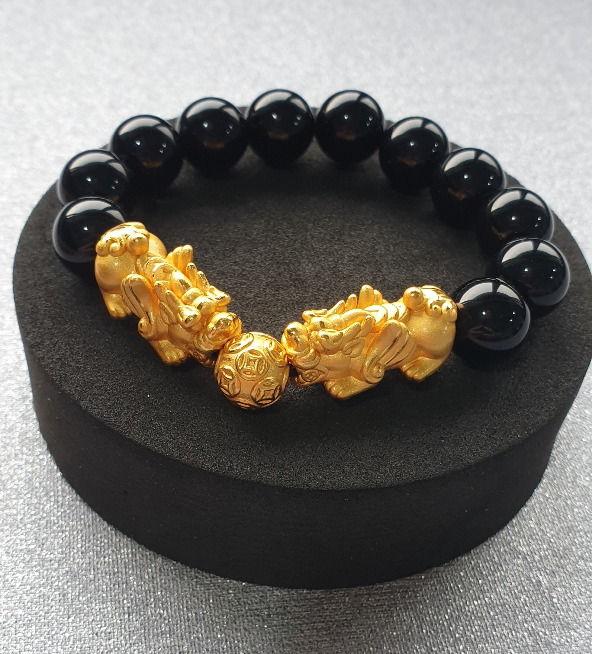 Black Obsidian With Double S999 Silver, Gold Plated Flying Pixiu and ...