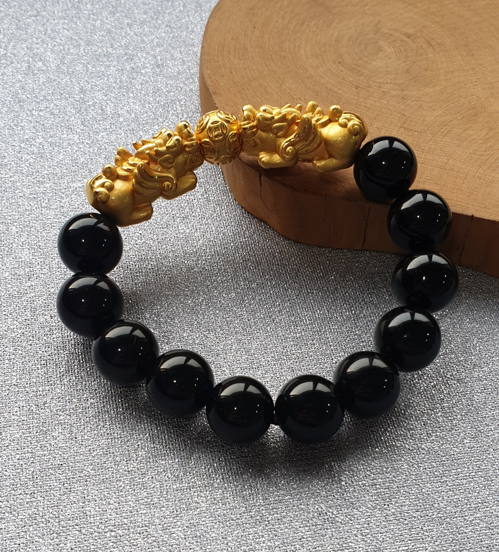 Black Obsidian With Double S999 Silver, Gold Plated Flying Pixiu and ...