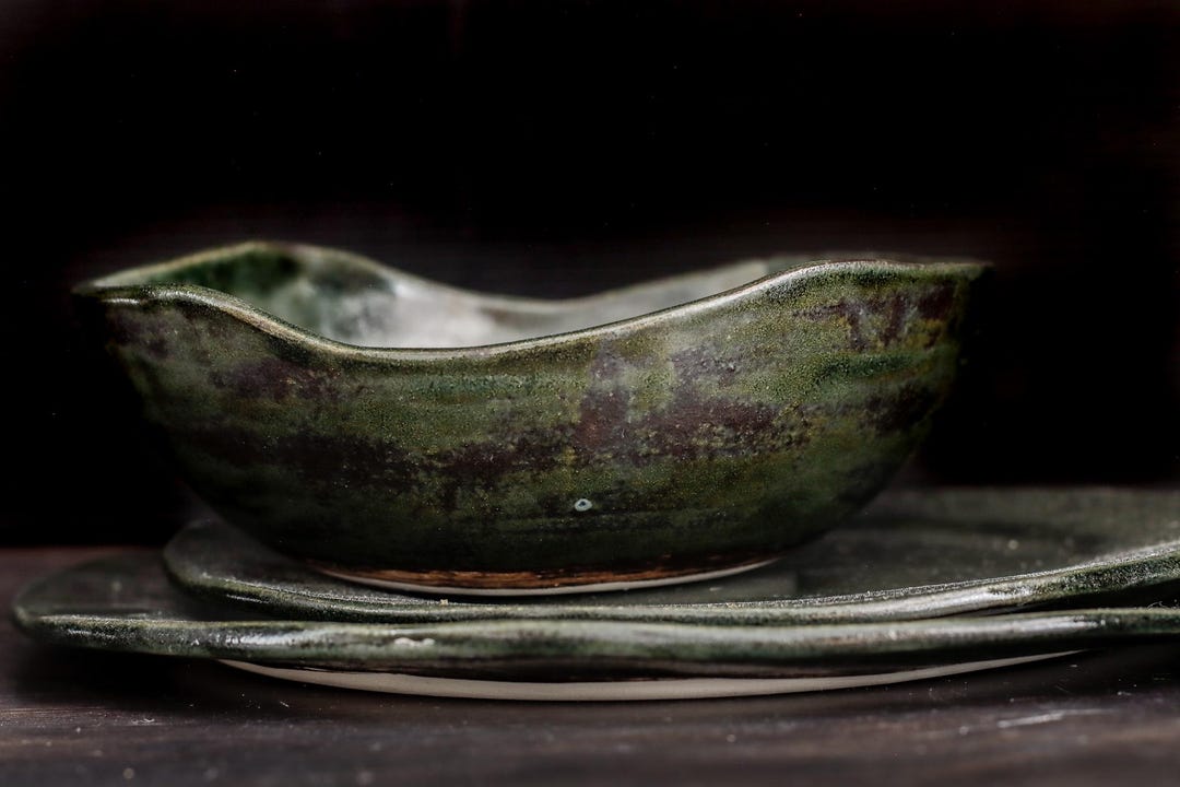 Rustic Ceramic Dinnerware, Rustic Dark Dinnerware Set, Rustic Dark Green Dinnerware, Rustic ...