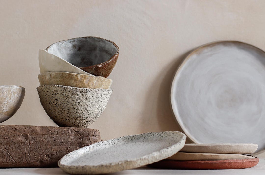 Handmade Stoneware Dinnerware Set: Rustic Matte White Plates, Urban ...