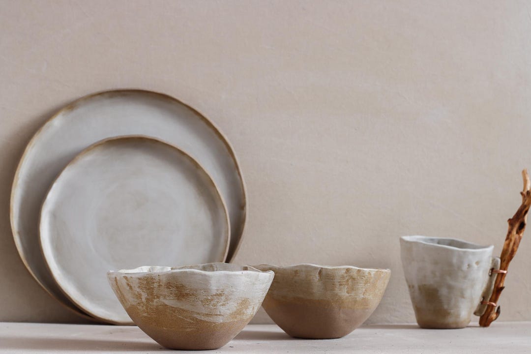 Handmade Ceramic Dinnerware Set – Rustic Matte White Stoneware, 3-piece ...