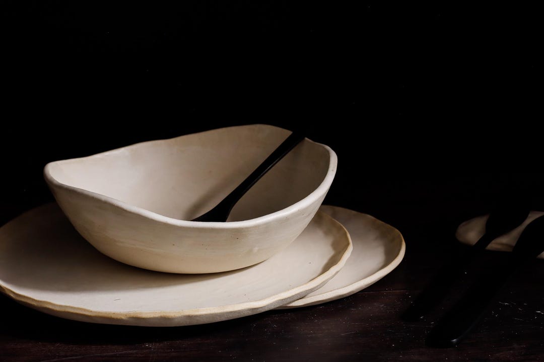 Handmade White Stoneware Dinnerware Set, Rustic Tableware for 12 ...